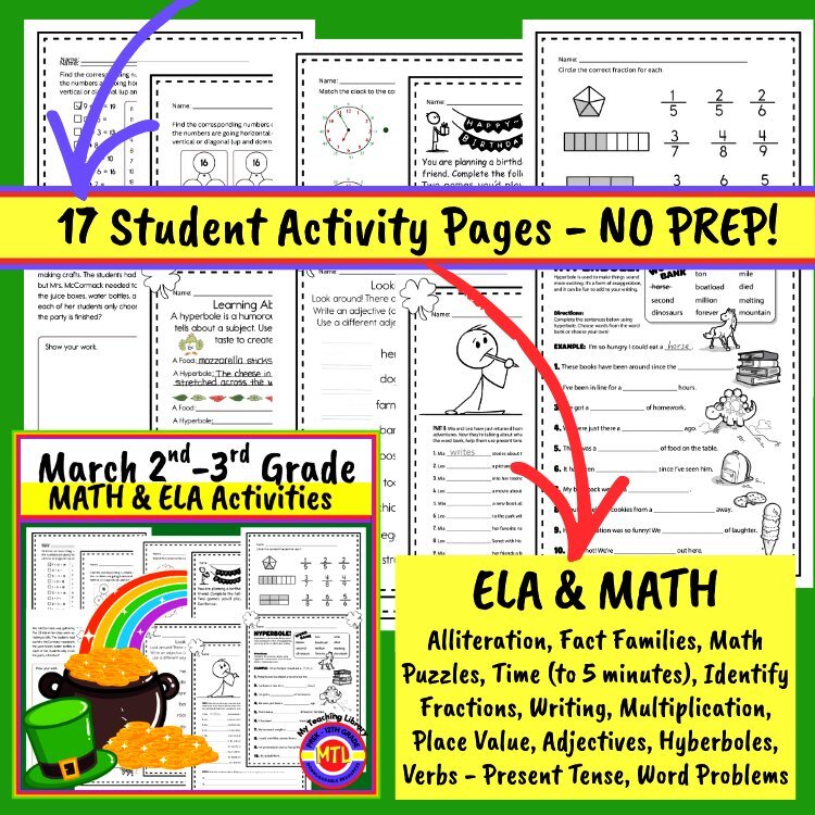St. Patrick's Day No-Prep Math & ELA Activity Pack: 2nd & 3rd Grade ...